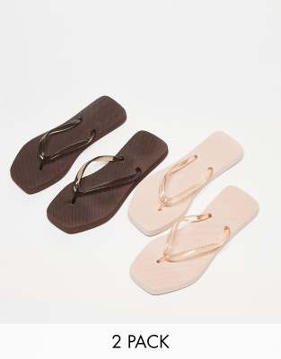 Pack de 2 chanclas de color beis y marrón con puntera cuadrada de ...