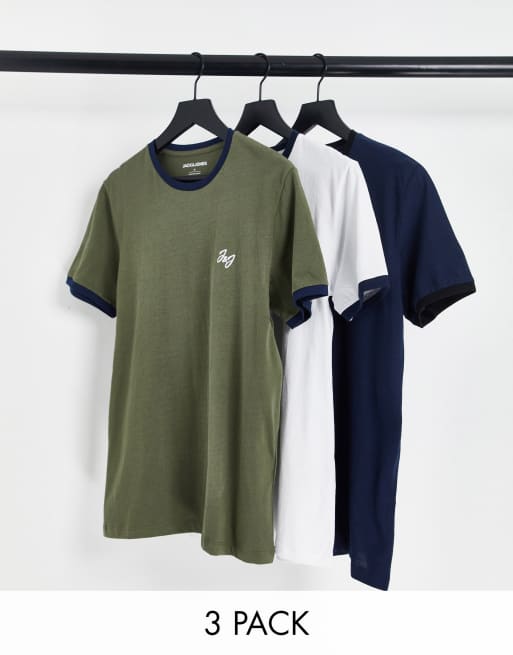 Pack De 3 Camisetas De Color Blanco Azul Marino Y Verde Oliva Con