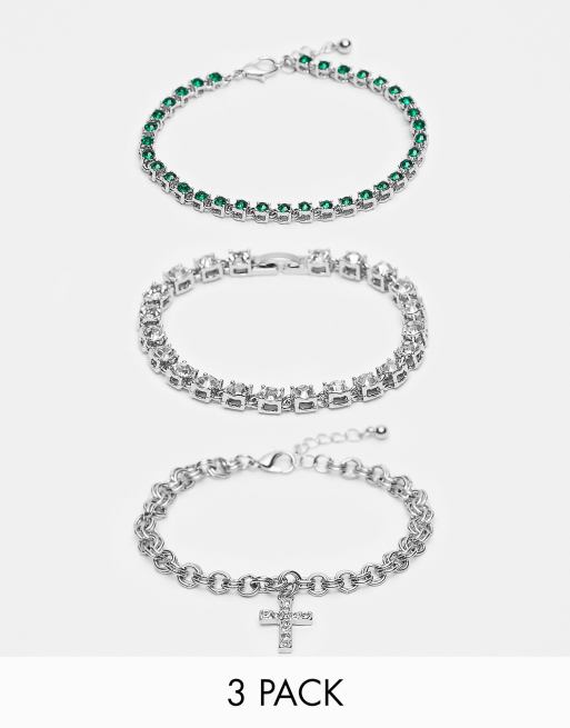 Pack de 3 pulseras plateadas con charm de cruz y cristales verdes y ...
