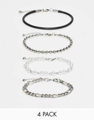 Pack de 4 pulseras plateadas con diseños variados de cadenas, cuerda ...