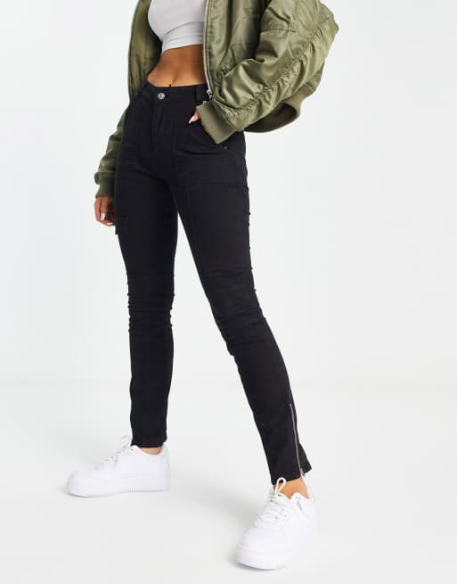 Pantalones Cargo Negros Estilo Biker De Corte Pitillo Con Cremalleras