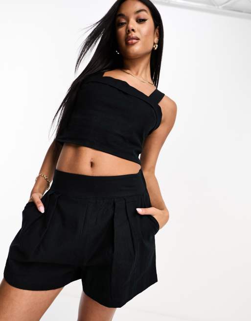 Pantalones Cortos Negros Sin Cierres Con Parte Delantera Lisa De Lino
