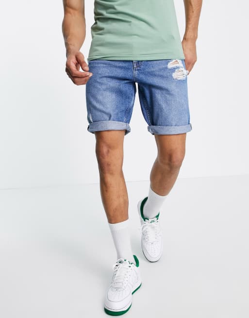 Pantalones Cortos Vaqueros De Corte Slim Con Lavado Medio Y Roturas De
