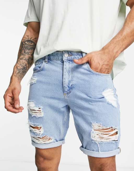 Pantalones Cortos Vaqueros De Corte Slim Y Largo Medio Con Lavado Claro