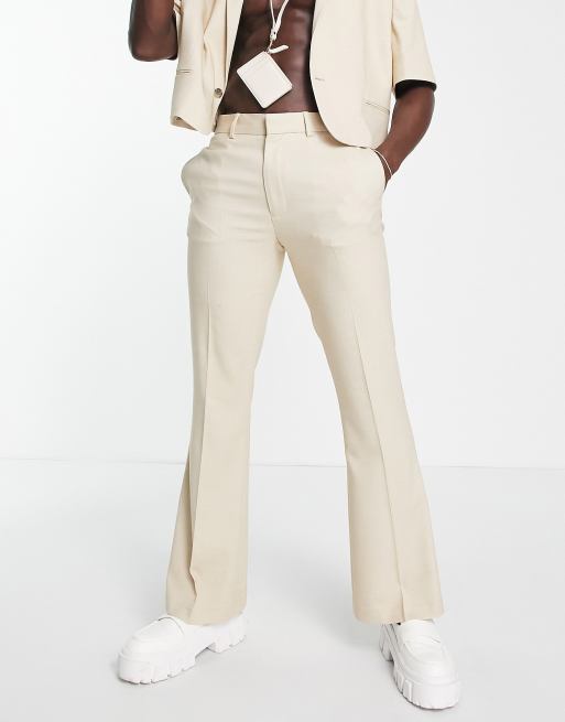 Pantalones De Traje Color Crudo Acampanados De Tejido Microtexturizado