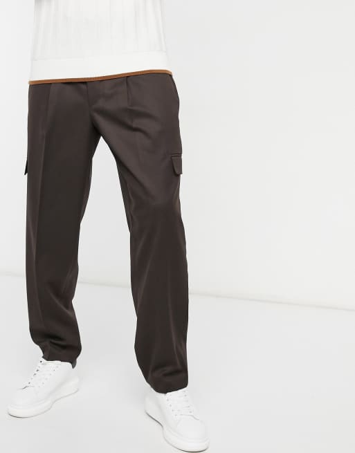 Pantalones Marrones De Vestir De Corte Tapered Extragrande Y Bolsillos