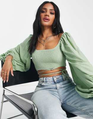 Parallel Lines - Crop top avec liens à nouer et manches volumineuses - Vert | ASOS