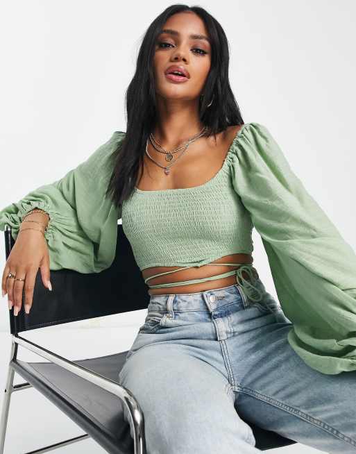 Parallel Lines - Crop top avec liens à nouer et manches volumineuses - Vert | ASOS