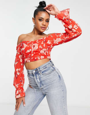 Parisian Bardot Crop Top In Red Floral | ModeSens