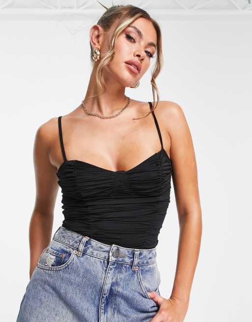 Parisian Geraffter Body In Schwarz Mit Camisole Trägern Asos