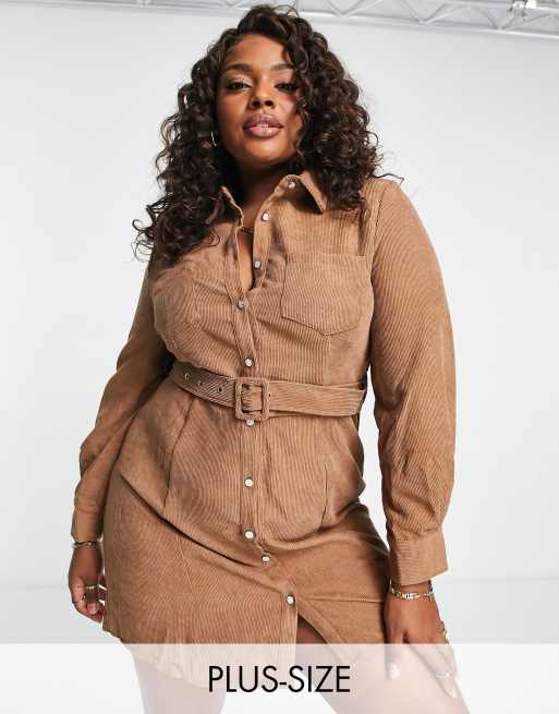 Parisian Plus - Robe courte en velours côtelé avec ceinture - Camel | ASOS