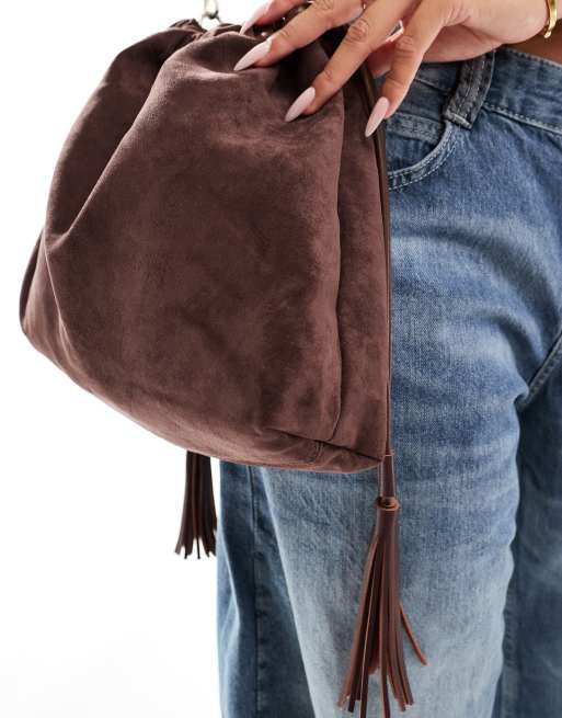 PASQ faux suede drawstring bag in brown | ASOS