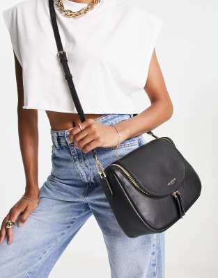 Paul Costelloe leather flap over crossbody bag in black | ASOS
