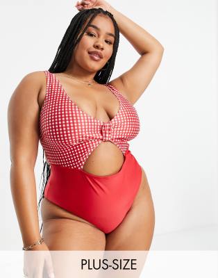 Peek & Beau Curve Exclusive cut out swimsuit in red gingham | ASOS