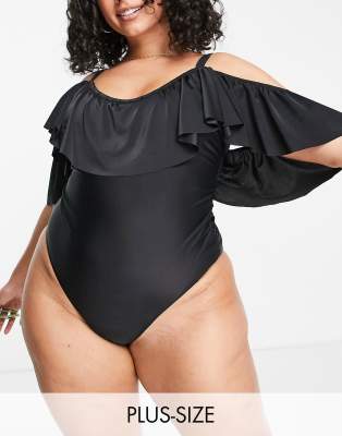 Peek & Beau Curve Exclusive off shoulder frill swimsuit in black | ASOS