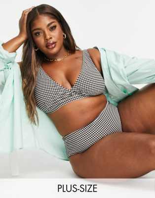 Peek & Beau Curve Exclusive wrap bikini top with detailing in seersucker black and white gingham ...