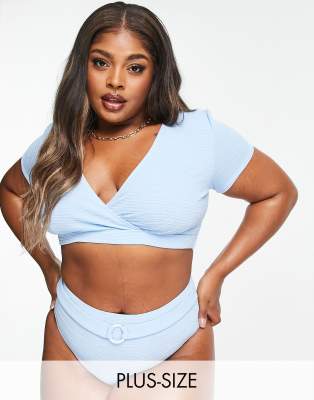 Peek & Beau Curve Exclusive wrap front bikini top in blue rib | ASOS