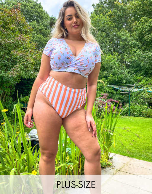 Peek & Beau Curve – Exklusive, gestreifte Bikinihose in Koralle mit hohem Bund | ASOS