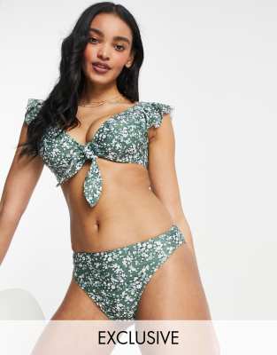 Peek & Beau fuller bust Exclusive high leg bikini bottom in green floral | ASOS