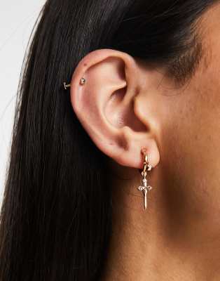 Pieces 18k plated hoop earrings with cross pendant in gold | ASOS