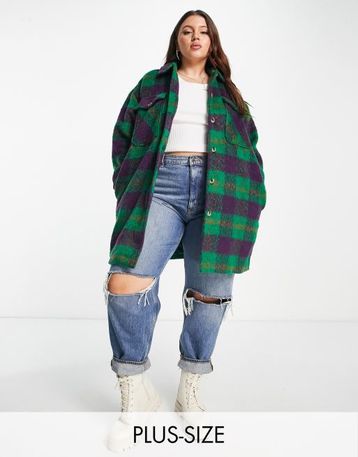 Pieces Curve longline brushed heavy weight shacket in purple & green ...