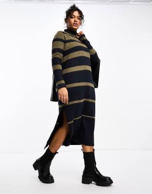 Pieces Curve - Robe pull mi-longue en maille à col montant et rayures - Kaki/bleu marine | ASOS