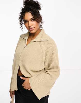 Pieces Curve zip up cardigan with roll neck in cream | ASOS