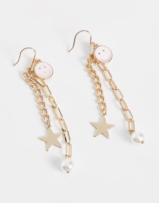 Pieces dangle chain earrings with happy face & star in gold | ASOS