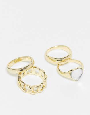 Pieces exclusive 4 pack mixed rings in gold | ASOS