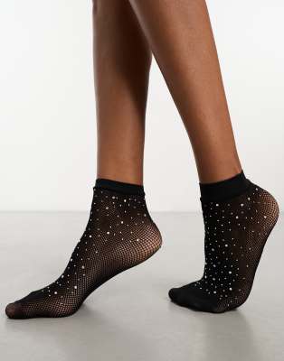 Pieces fishnet rhinestone socks in black | ASOS