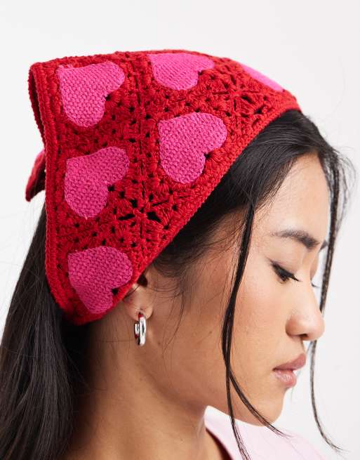 Pieces heart crochet bandana in red and pink | ASOS