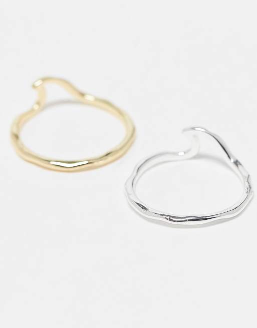 Pieces plated wave detail ring two pack in gold and silver tone | ASOS