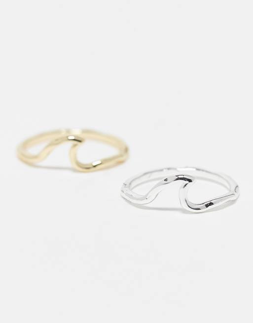 Pieces plated wave detail ring two pack in gold and silver | ASOS