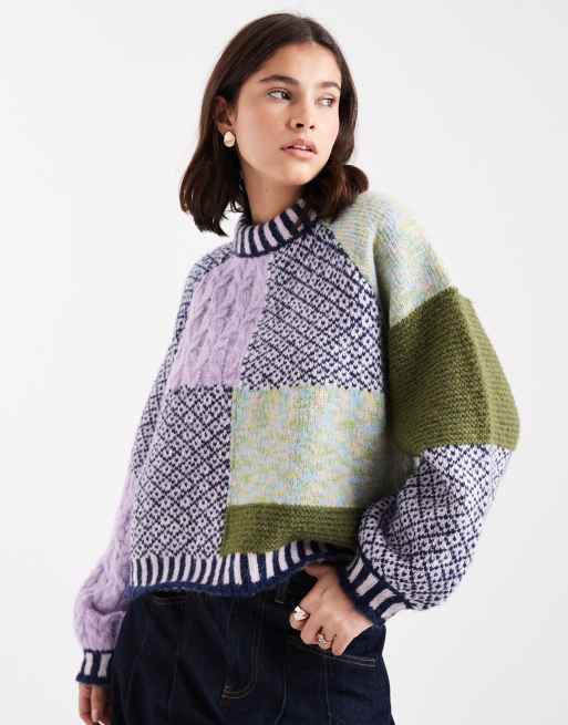 Pieces premium textured patchwork knitted jumper in multi | ASOS