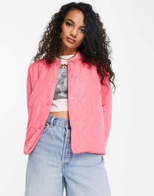 Pieces quilted short bomber jacket in bright pink | ASOS