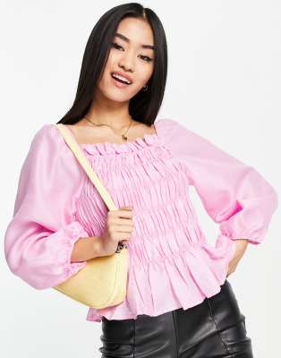 Pieces Satin Shirred Puff Sleeve Blouse In Pink | ModeSens