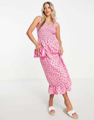 Pieces shirred midi dress in pink cherry print | ASOS