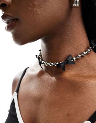 Pieces silver ball choker necklace with mini satin bow detail in black ...