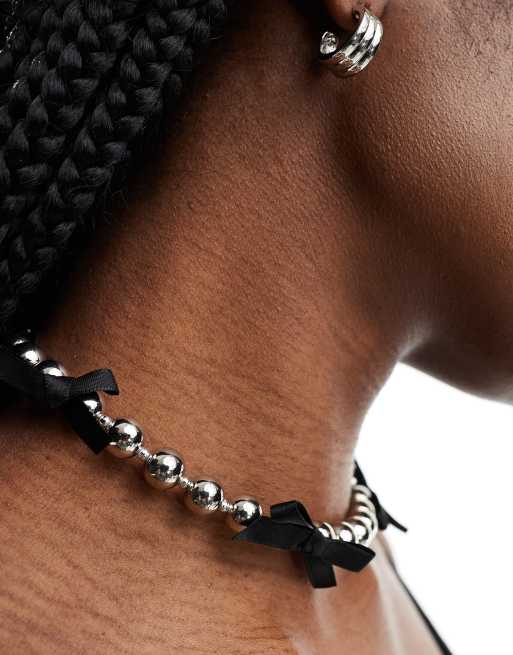 Pieces silver ball choker necklace with mini satin bow detail in black ...
