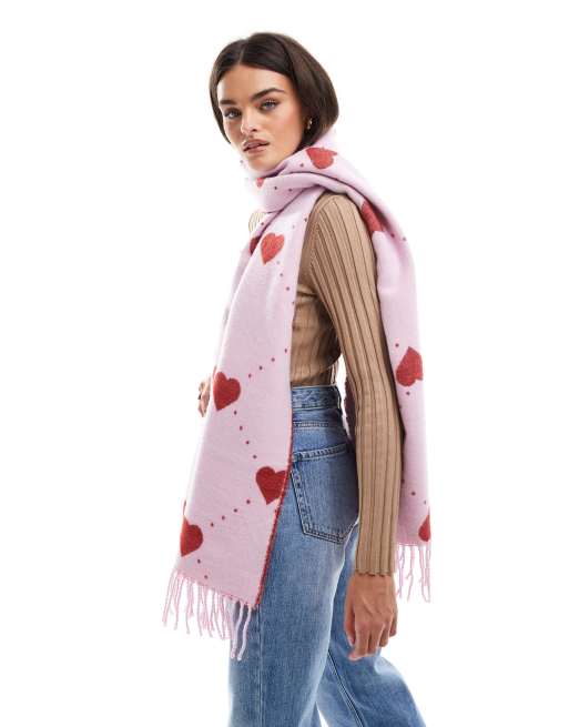 Pieces soft heart print scarf in pink and red | ASOS