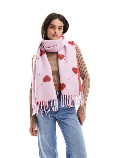 Pieces soft heart print scarf in pink and red | ASOS