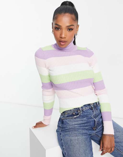 Pieces Suna High Neck Striped Knit Jumper In Multi Asos