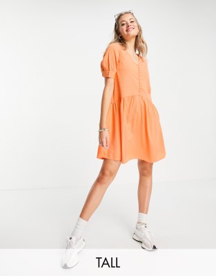 Pieces Tall Button Detail Mini Smock Dress In Orange | ModeSens