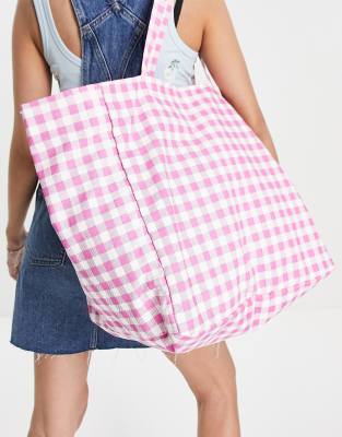 Pieces tote bag in pink gingham | ASOS