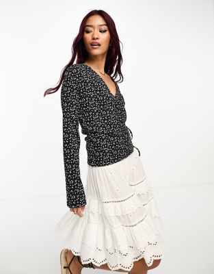 Pieces wrap front floral blouse in black and white | ASOS