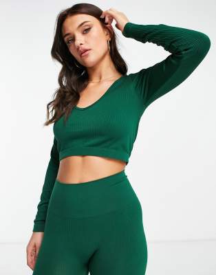 Pimkie - Crop top d'ensemble sans couture à manches longues - Vert forêt | ASOS