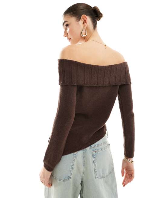 Pimkie knit fold detail asymmetric neckline top in brown | ASOS