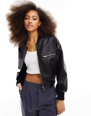Pimkie leather look bomber jacket in vintage black | ASOS