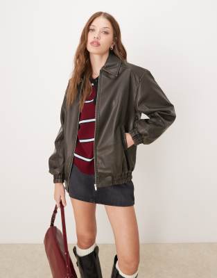 Pimkie leather look collared jacket in chocolate | ASOS