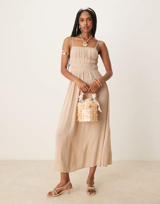 Pimkie shirred strappy maxi dress in beige | ASOS